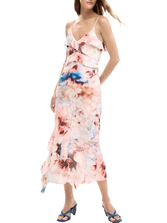 DESIGUAL Floral Print Ruffle Midi Slipdress